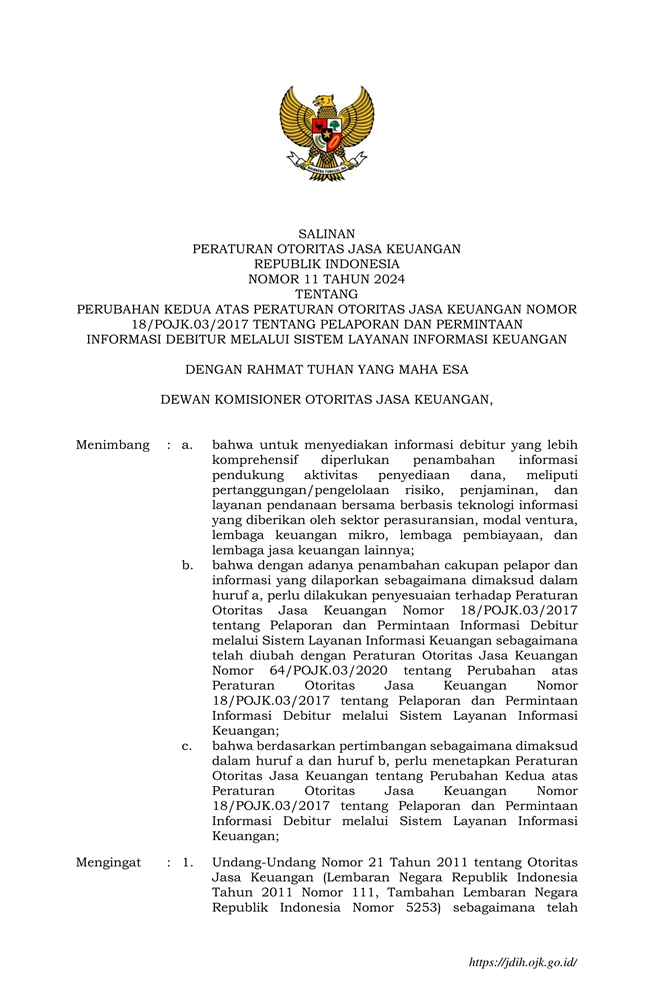 POJK No. 11 Tahun 2024 Pelaporan Dan Permintaan Informasi Debitur ...